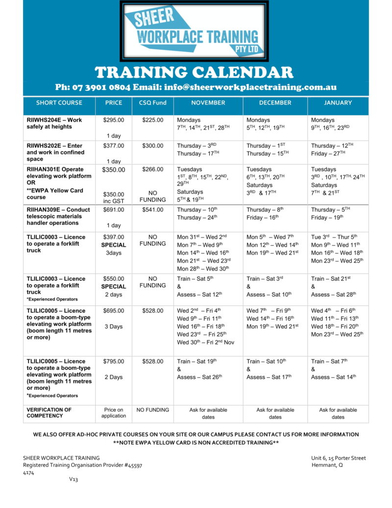 Sheer Workplace Training | Calendar of Courses & Prices