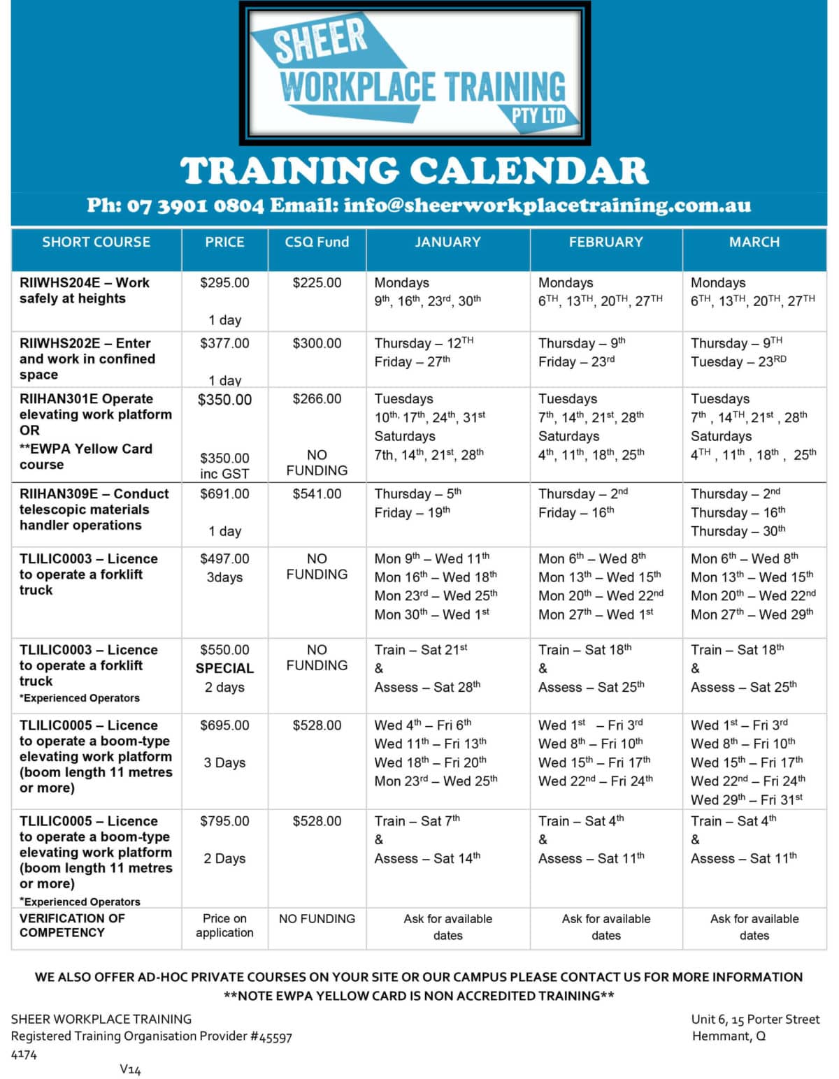 Sheer Workplace Training | Calendar of Courses & Prices