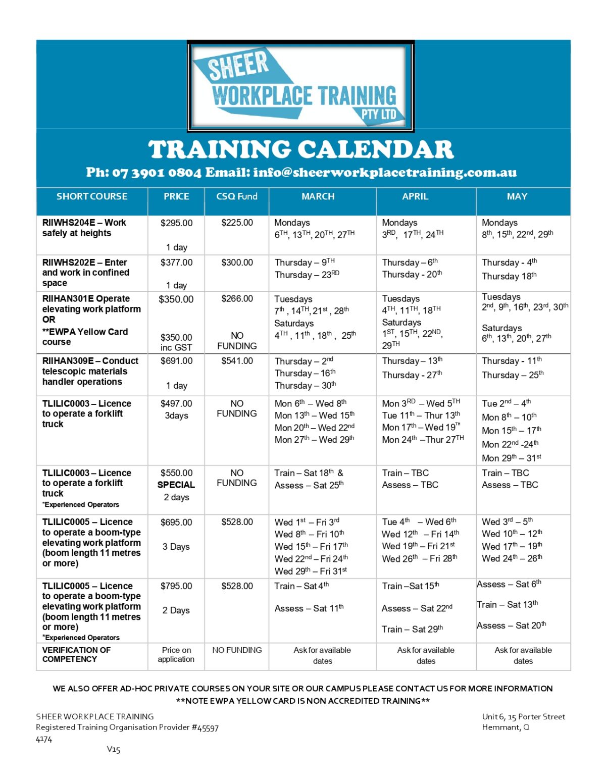 Sheer Workplace Training | Calendar of Courses & Prices