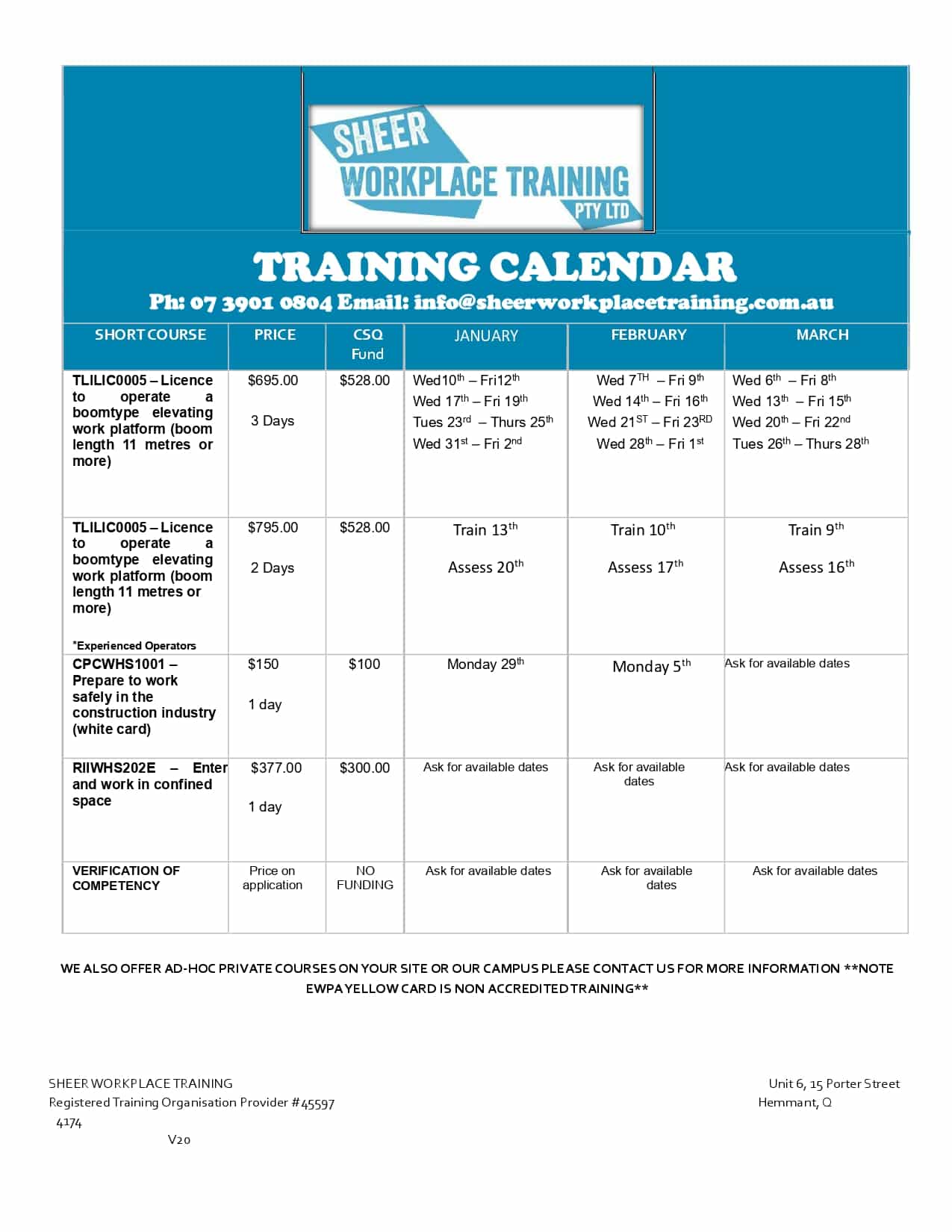 Sheer Workplace Training | Calendar of Courses & Prices